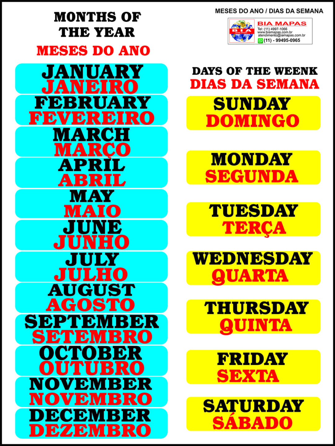 Mural Educativo Meses do Ano e Dias da Semana Bilíngue • Bia Mapas