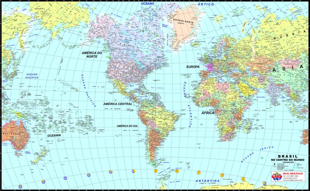 Mapa Mundi - Brasil no Centro do Mundo - de acordo com Mundi IBGE • Bia Mapas